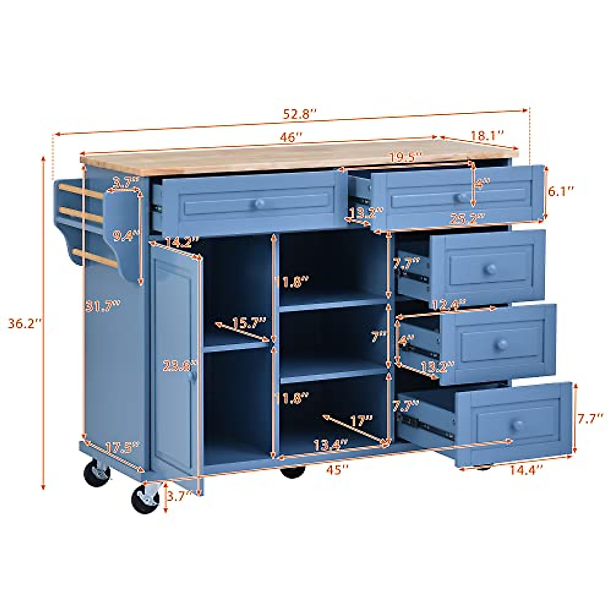 Merax Rolling Mobile Kitchen Island Cart with Wood Desktop and Storage Drawers, 53 Inch Width, Blue