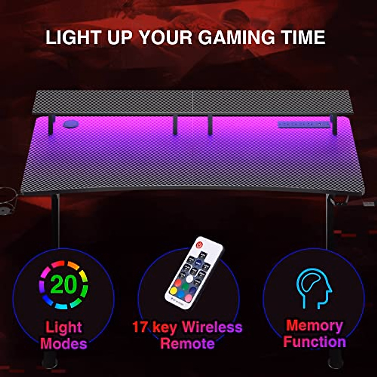 SEVEN WARRIOR Gaming Desk 55INCH with LED Lights & Power Outlets, Carbon Fiber Surface Computer Gamer Desk with Full Desk Mouse Pad, Ergonomic Y Shaped Leg Gamer Table with Monitor Stand
