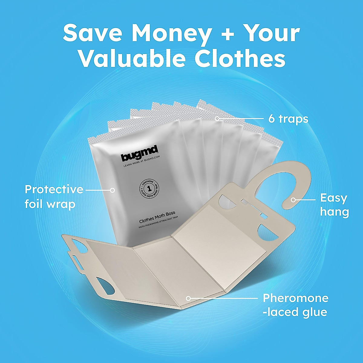 BugMD Clothes Moth Boss Traps - Sticky Glue Bug Repellent Pheromone Attractor for Closets Wardrobes Cabinet Drawers, Moth Balls for Closet, Moth Traps with No Harsh Chemicals, Pantry Moth Trap