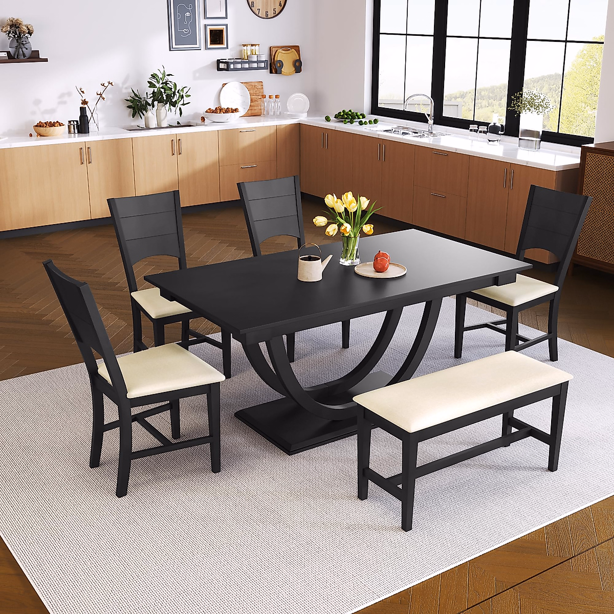 Modern Style 6-Piece Half Round Dining Table Set, Wood Kitchen Table Set with Long Bench and 4 Dining Chairs, Dining Room Table Set for 6 People, Living Room Furniture（Gray）