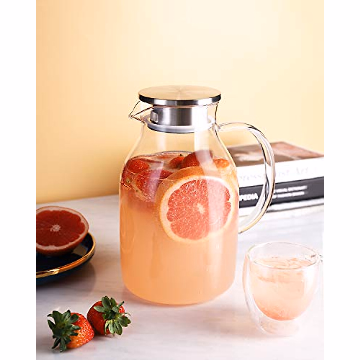 Kanwone 75oz Glass Pitcher with Stainless Steel Lid and Spout, Heat Resistant Borosilicate Glass Water Carafe for Sun Tea, Lemonade, Homemade Juice, Milk or Hot Beverages