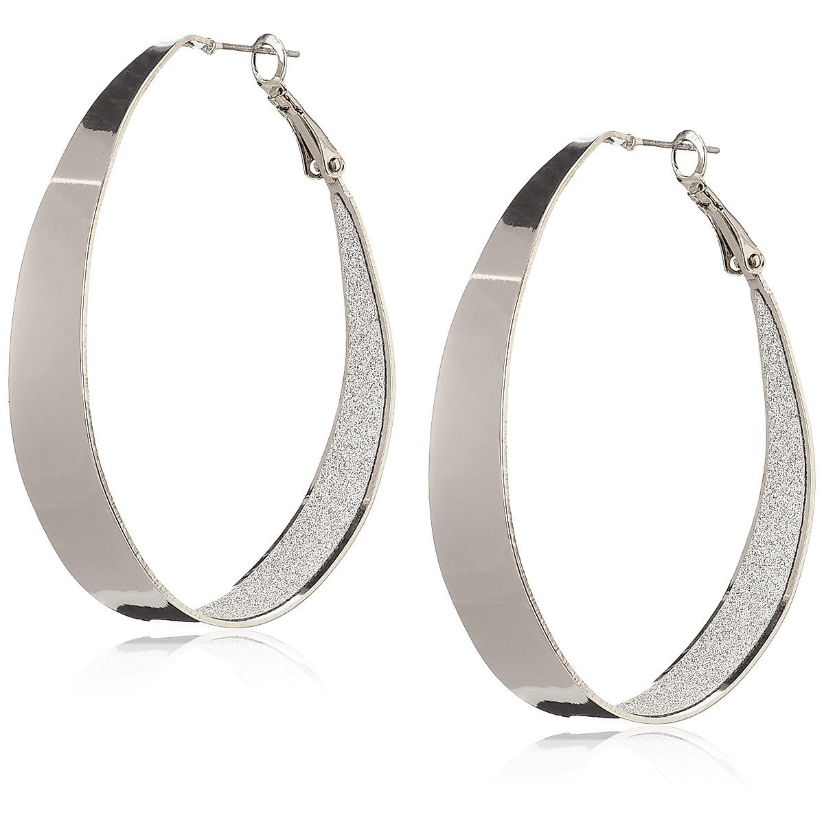 Guess Large Oval Glitter Silver Hoop Earrings