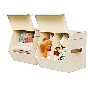 Linen Fabric Storage Bin with Magnetic Closures, Kid Toy Organizer and Storage with Removable Divider, Foldable Storage Bin for Clothes, Towels,Toys, Snacks, Gaming Accessories, Beige, 2Pack