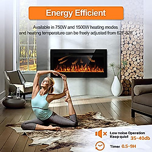 TUAN 50 Inch Recessed and Wall Mounted Electric Fireplace, Fireplace Heater and Linear Fireplace with Timer, Touch Panel and Remote Control, Adjustable 12 Flame Color, Low Noise, 750w/1500w