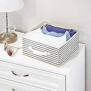 mDesign Soft Fabric Closet Organizer Box with Front Pull Handle for Shelves in Bedroom, Bathroom, Home Office - Holds Clothing, Linens, Accessories, Lido Collection, 4 Pack, Natural/Cobalt Blue Stripe