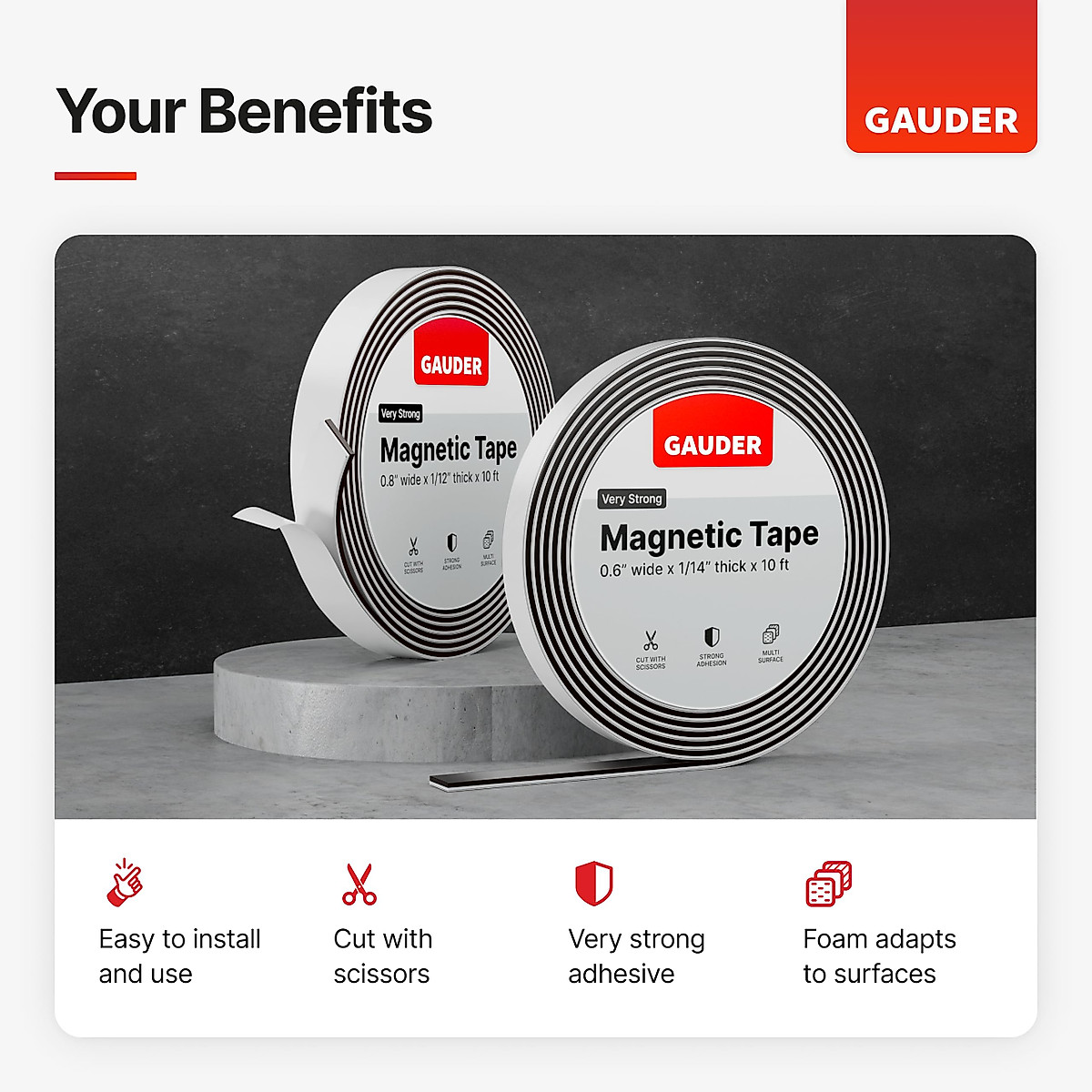 GAUDER Magnetic Tape Extremely Self Adhesive (0.6 Inch x 10 Feet) | Magnetic Strips | Magnet Roll