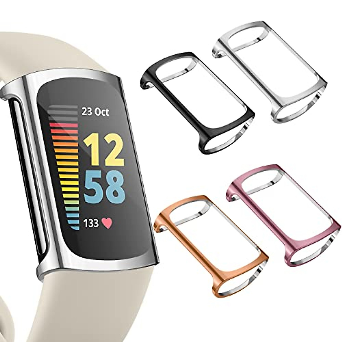 4 PACK Screen Protector Compatible with Fitbit Charge 5(NOT for Charge 4/3),TPU All-Around Protective Case Cover Rugged Bumper Shell Accessories for Charge5 Smartwatch,Black/Silver/Rose Gold/Rose Pink