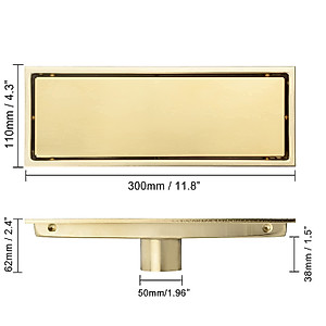DEOKXZ Linear Shower Drain Pipe 12 Inches Brushed Gold, with Tile Insert Grille, Detachable Hidden Cover, SUS304 Stainless Steel Rectangular Floor Drain