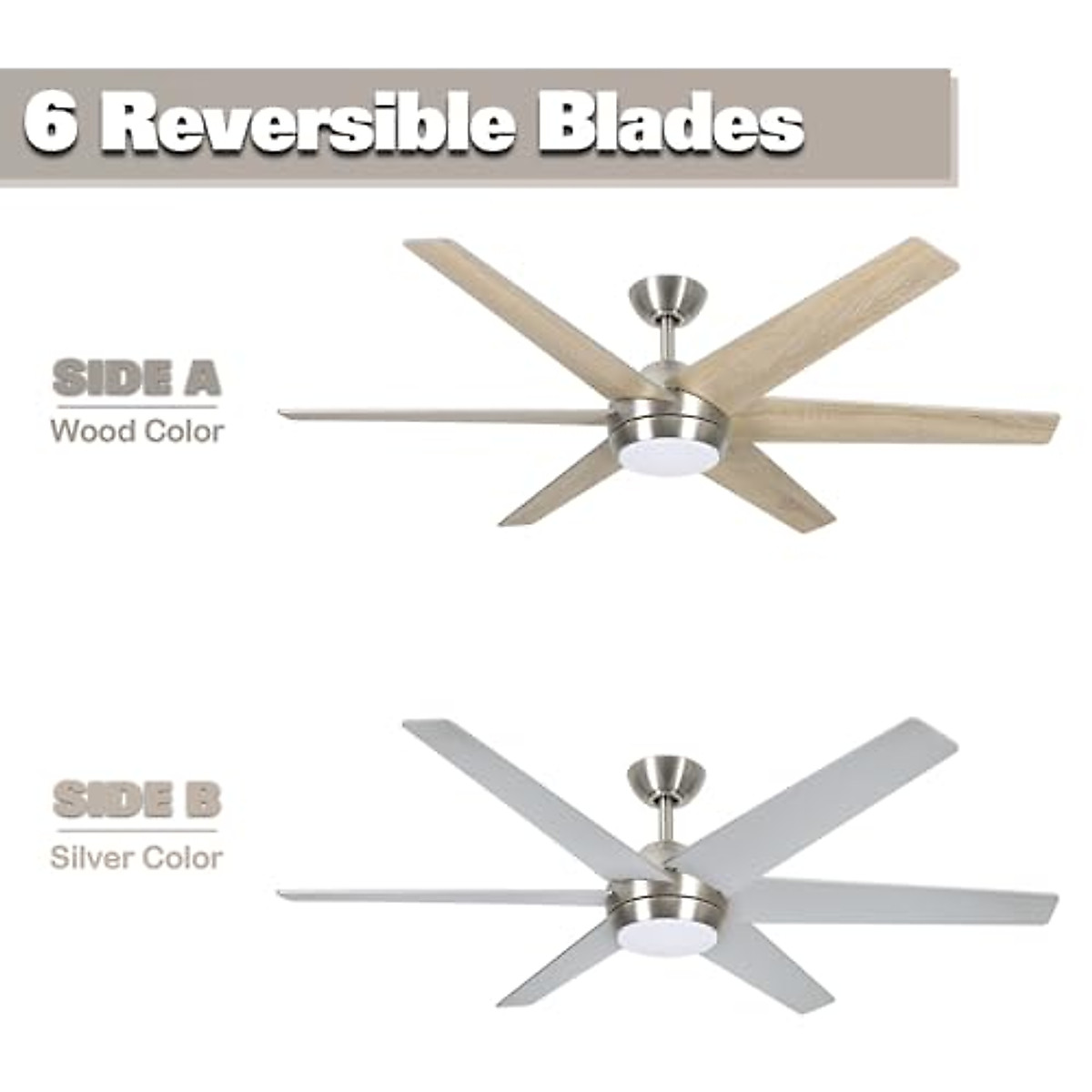 hykolity 54 inch Indoor Modern Ceiling Fan with Integrated LED Lights and Remote Control, 6 Blades, 6 Speed, Dimmable, 3CCT, Quiet Reversible Motor Ceiling Fan, Brushed Nickel