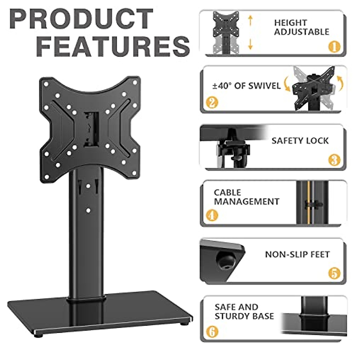 Universal Swivel TV Stand Table Top TV Stand Base with 4 Level Height Adjustable and Swivel Mount Bracket for 20-43 Inch Plasma LCD LED TVs, VESA 200x200mm