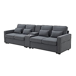 Ball & Cast 114.2" Linen Upholstered Sofa with Consoleand 2 USB Ports Wired or Wirelessly Charged,Modern 4-Seat Couches W/ 4 Pillows and Two Cupholders,for Living Room,Apartment,Dark Grey
