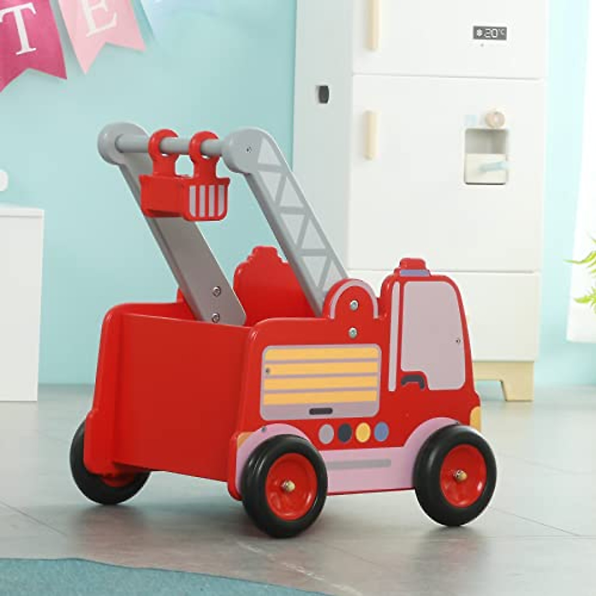 Red Fire Truck Wooden Baby Push Walker - 2-in-1 Toddler Push & Pull Toys Learning Walker Stroller Walker with Wheels for Baby Girls Boys 1-3 Years Old