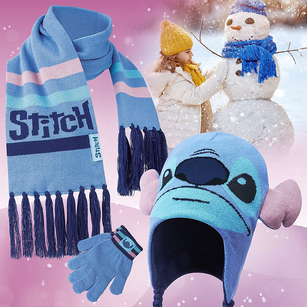 Disney Stitch Girls Beanie Scarf Teenagers Kids Gloves Winter Accessories Stitch Gifts, Different Sets to Choose (Blue Stitch 3 Pcs)