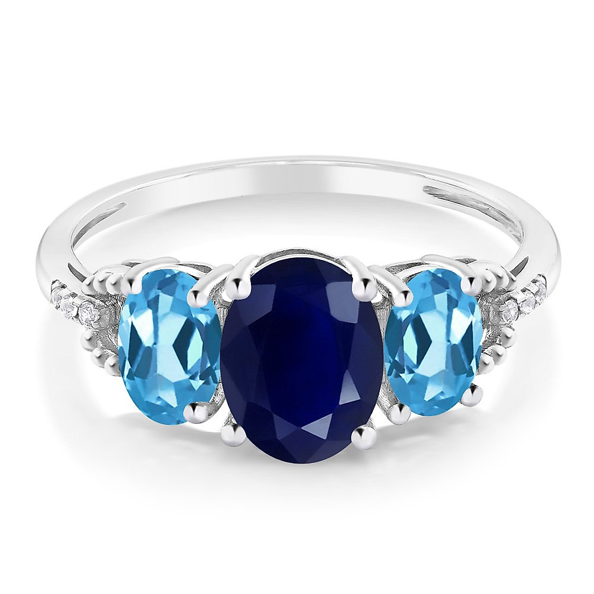 Gem Stone King 10K White Gold Blue Sapphire Swiss Blue Topaz and Diamond Accent 3-Stone Women's Engagement Ring 2.84 Ct Oval (Size 9)