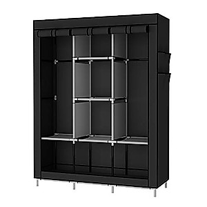 UDEAR Portable Wardrobe Closet Clothes Organizer Non-Woven Fabric Cover with 6 Storage Shelves, 2 Hanging Sections and 4 Side Pockets，Black