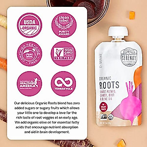 Serenity Kids 6+ Months USDA Organic Veggie Puree Baby Food Pouches | No Sugary Fruits or Added Sugar | Allergen Free | 3.5 Ounce BPA-Free Pouch | Roots | 6 Count