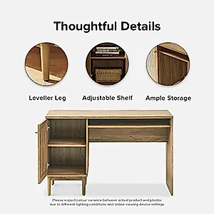 mopio Haylee Farmhouse Rattan Study Desk with Adjustable Shelf Storage Space