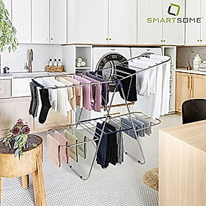 Foldable Premium Clothes Drying Rack, Large 2- Layer Stainless Steel Drying Rack for Sheets, Towels & Clothing Including 33 Hanging Rails, Height Adjustable and 32 Clips for Socks & Underwear - Blue