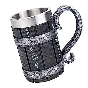 Nordic Viking Rune Mug Tankard Stainless Steel Wooden Resin 3D Norse Decor Coffee Cool Gothic Beer Tankard Stein Cup Mugs 20oz