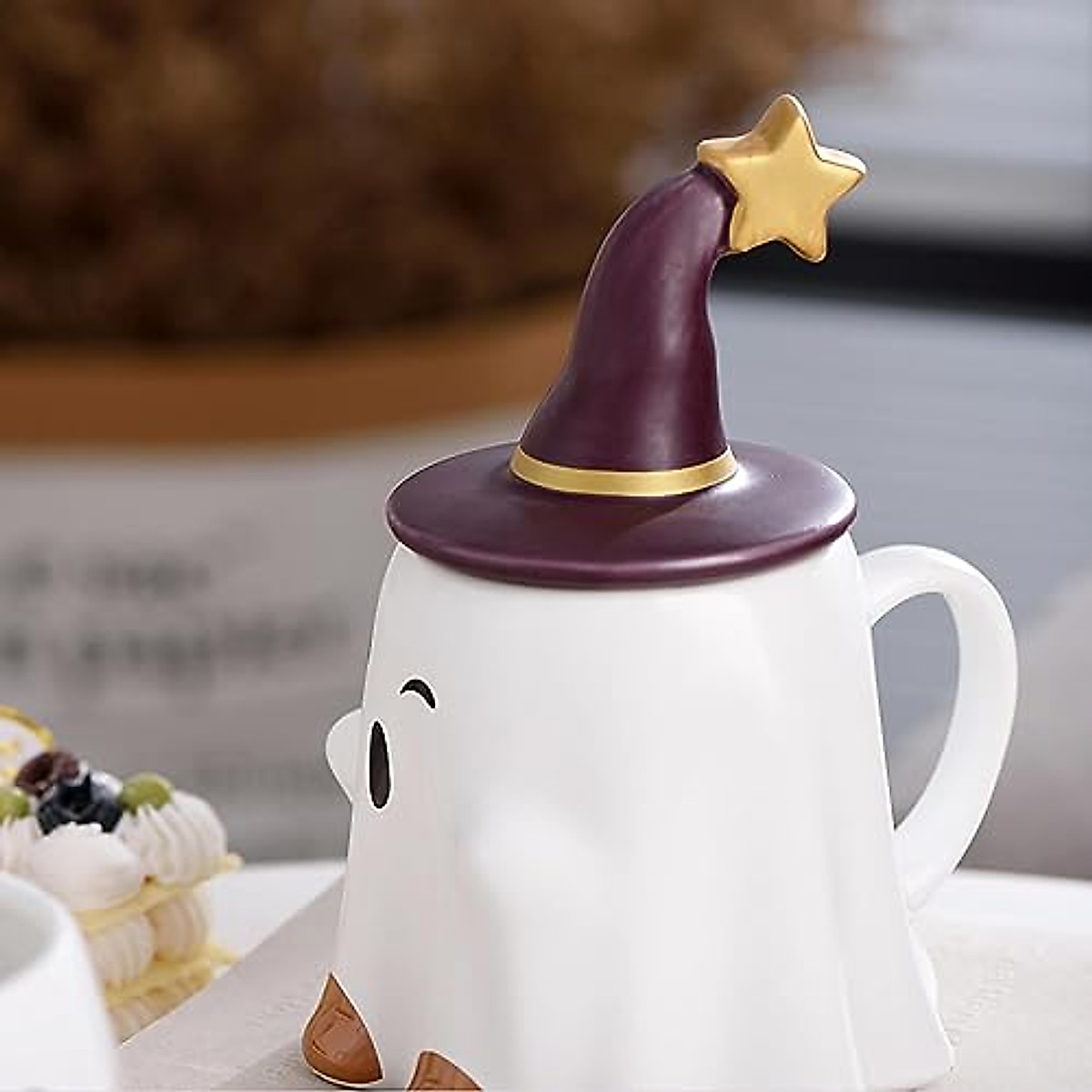 ALASSE Halloween Mug, Hat Ghost Drinking Cup, Spooky Mug, Cute Ceramic Ghost Mug with Lid, Novelty Coffee Mugs, White Coffee Mug Decor for Halloween Table Centerpieces, Mug for Child