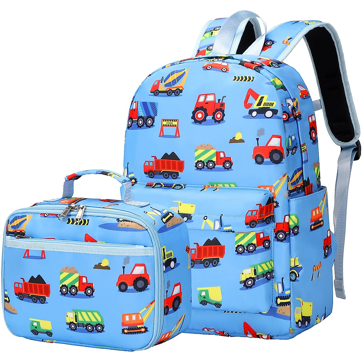 AUIVTY Preschool Backpack for Boys, Kids Backpack with Lunch Box Construction Backpack for Preschool Kindergarten Daycare and Travel, Car School Bookbag with Chest Buckle (Construction-Light Blue)