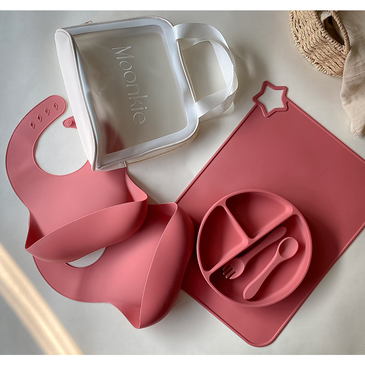Baby Self Feeding Utensils Set, Toddler Led Weaning Feeding Supplies -Adjustable Silicone Bibs, Silicone Suction Divided Plate with Silicone Placemat,Spoon,Fork - Aids Self Feeding Kit (Warm Pink)