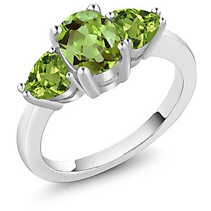 Gem Stone King 925 Sterling Silver Green Peridot 3-Stone Ring for Women (2.11 Cttw, Oval 8X6MM, Gemstone Birthstone, Available in size 5, 6, 7, 8, 9)