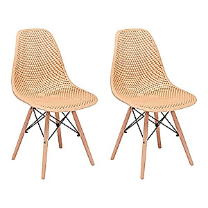 CangLong Dining Mid Century Modern Hollow Back Design Plastic Shell Armless Side Chair with Beech Wood Legs, Set of 2, Beige 1