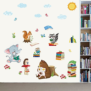 decalmile Animals Reading Educational Wall Decals Elephant Bear Squirrel Wall Stickers Kids Bedroom Children Classroom Daycare Wall Decor