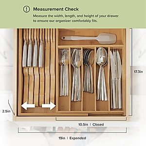 KitchenEdge Premium Silverware, Flatware and Utensil Organizer for Kitchen Drawers, Food-Safe Contract Grade, Expandable from 10.5 to 19 In, Natural Bamboo
