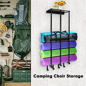 Dtructiew Camping Chair Wall Storage Rack for Garage, Metal Mount Hanging Rack for Beach Chairs, Umbrellas, and Bathroom Towels with 4 Hooks – Ideal for Garage and Camping Organization