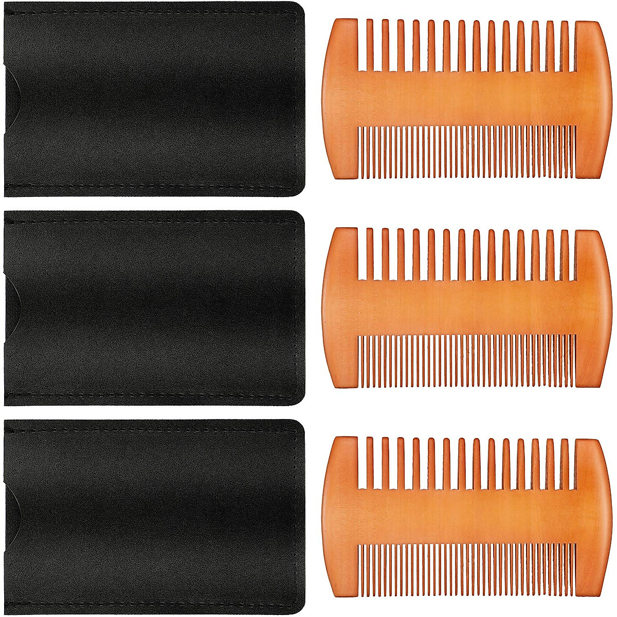 3 Pieces Beard Comb Natural Sandalwood Wooden Mustaches Combs Dual Action Teeth Beard Comb with 3 Pieces Pocket Faux Leather Case for Beards Mustaches (Yellow)