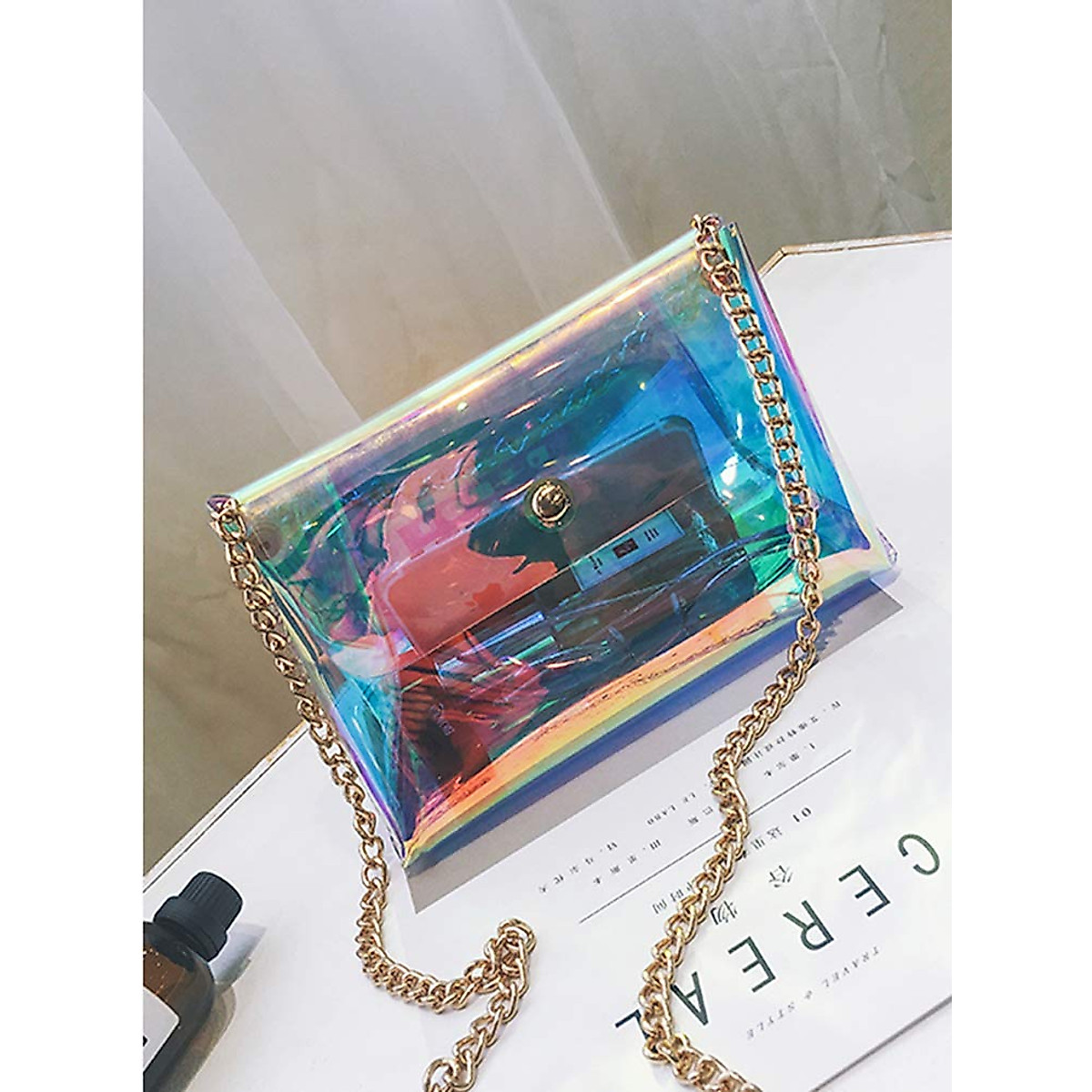 Women's PVC Holographic Cross Body Purse Shoulder Bag Clear Bag with Small Interior Bag