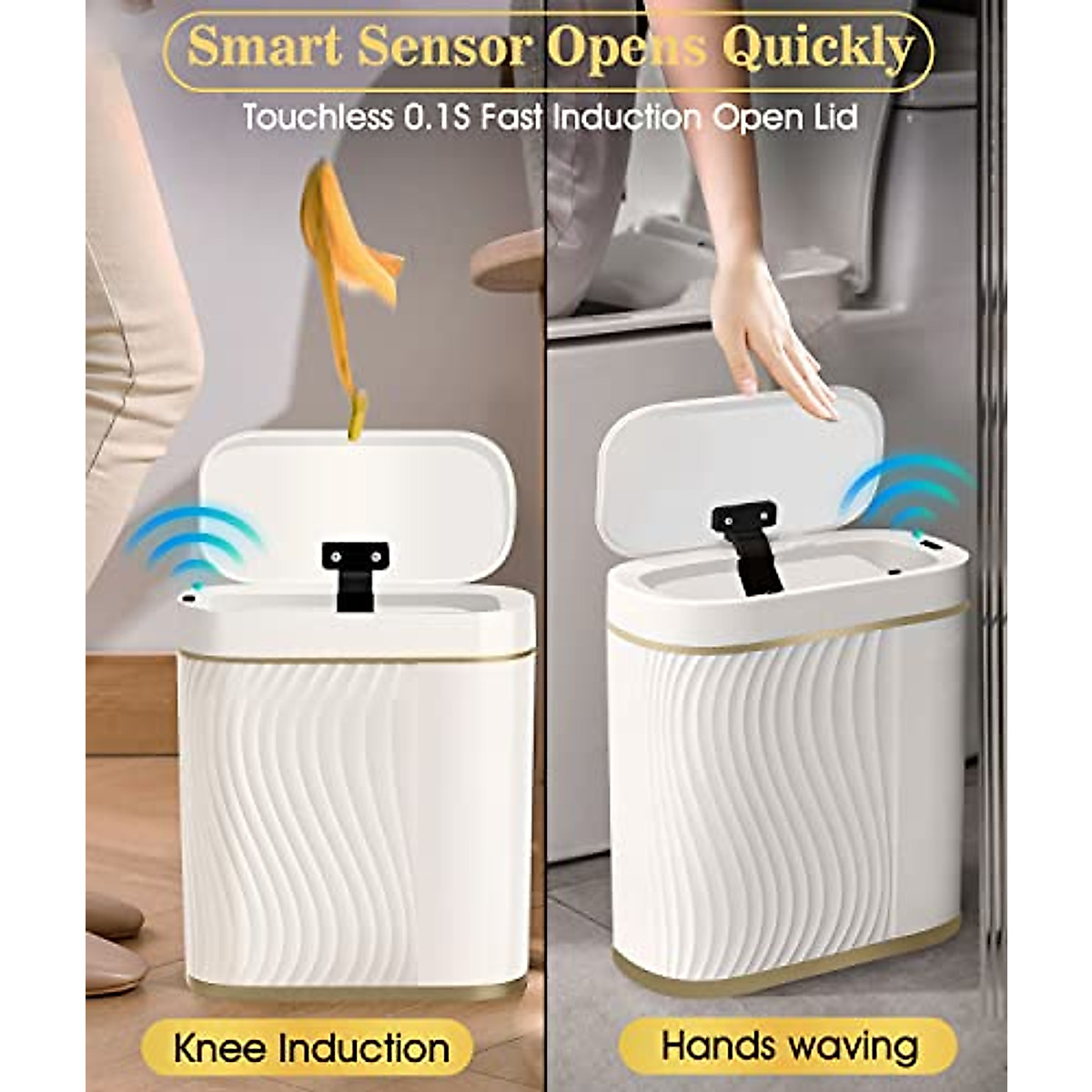 GloDeals Bathroom Trash Can with Lid Automatic Garbage Can, 2 Gallon Slim Smart Trash Can, Small Plastic Trash Bin, Touchless Motion Sensor Trash Can for Bedroom, Bathroom, Office (Cream/Gold Trim)