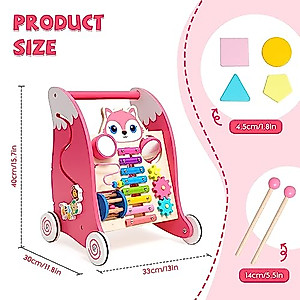 NUKied Wooden Baby Walker Baby Push Walker with Multiple Entertainment Activity Center, Sit-to-Stand Learning Baby Walkers for 9M+ Boys Girls Infants