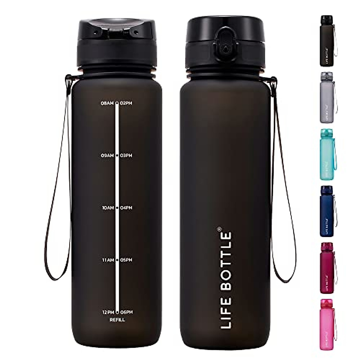 Life Bottle 32 oz Water Bottle with Strap. Tritan Fruit Infuser Flip Top Water Bottles With Times To Drink. No Quotes! Motivational Water Bottle with Time Marker. Dishwasher Safe 32 oz Water Bottles