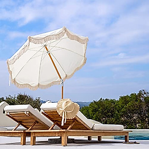 Funsite 6.5ft Boho Beach Umbrella with Fringe, UPF 50+ Tassel Umbrellas with Carry Bag, Premium Wood Pole Foldable Patio Umbrella for Outdoor Holiday Garden Lawn Pool Yard Table, White