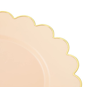 BLUE PANDA 50 Pack Ivory Pink Plastic Plates for Party, 9 Inch Disposable for Party Supplies, Wedding, Gold Foil Scalloped Edges