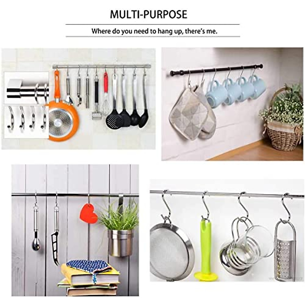 YOUNTHYE 100 Pack 2.8 inch S Hooks for Hanging Stainless Steel S Hooks Bulk Sliver Small S Hooks Rack Hangers Heavy Duty S Hanging Hangers Hooks for Kitchen, Work Shop, Bathroom, Garden