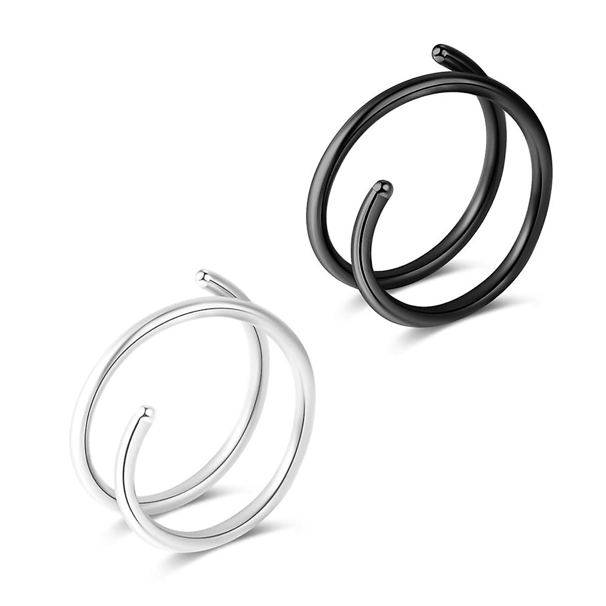 Fzroezz Double Nose Ring for Single Piercing Nose Hoops Nose Piercing Jewelry Real Hoop Nose Rings Nostril Twist Spiral Nose Ring Loop for Women Men 18 Gauge Surgical Steel Cute Hypoallergenic Pack Left Right side Easy Bendable 2PCS Silver Black 8mm