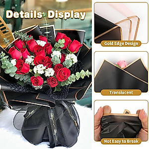 20 Sheets Flower Wrapping Paper, Waterproof Floral Bouquet Wrapping Paper Gold Edge Korean Florist Bouquet Supplies for DIY Crafts Packaging Bouquet Wedding Birthday Gift, 22.8x22.8 inch (Black)