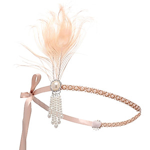 SWEETV 1920s Headpiece Flapper Headband, Pearl Peacock Feather Hair Band, Great Gatsby Accessoreis for Women, Blush Pink