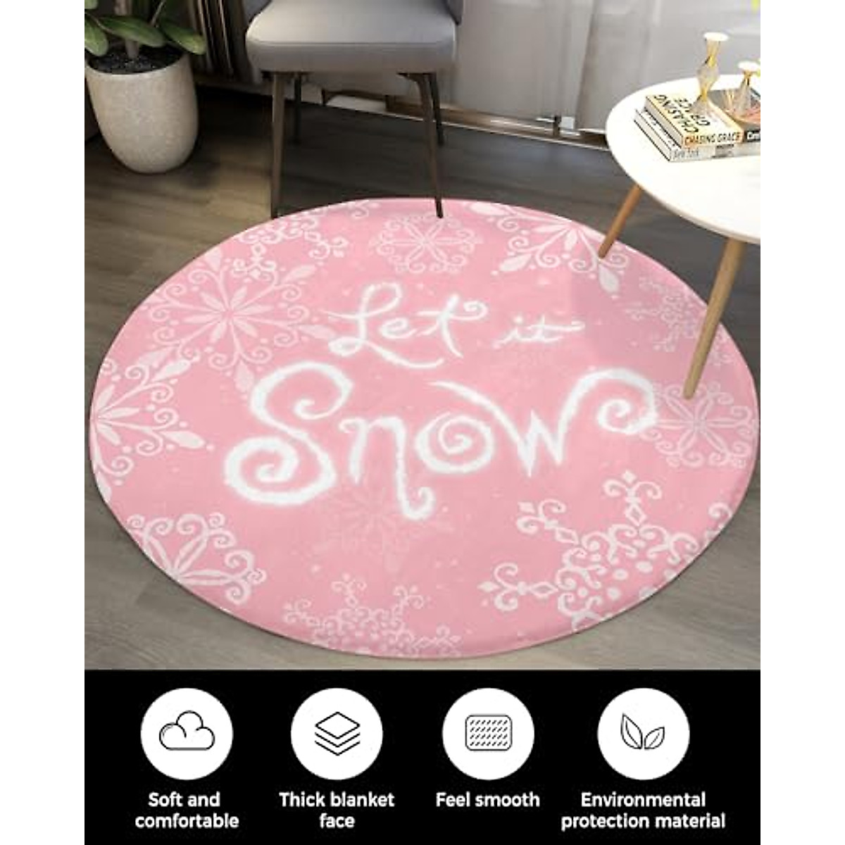 Pink Snowflake Fluffy Round Area Rug Carpets 3.3ft, Plush Shaggy Carpet Soft Circular Rugs, Non-Slip Fuzzy Accent Floor Mat for Living Room Bedroom Nursery Decor Merry Christmas Fantasy Winter Holiday