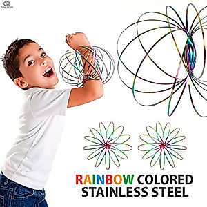 Flow Ring Spinner Ring Arm Toy - Magic Ring Game for Kids Arm Bracelet Kinetic Spiral Flow Ring Spring Toy - 3D Roll Rings Arm Slinky Metal Toy Stainless Ring - Infinity Loop Rainbow Kinetic Flow Ring