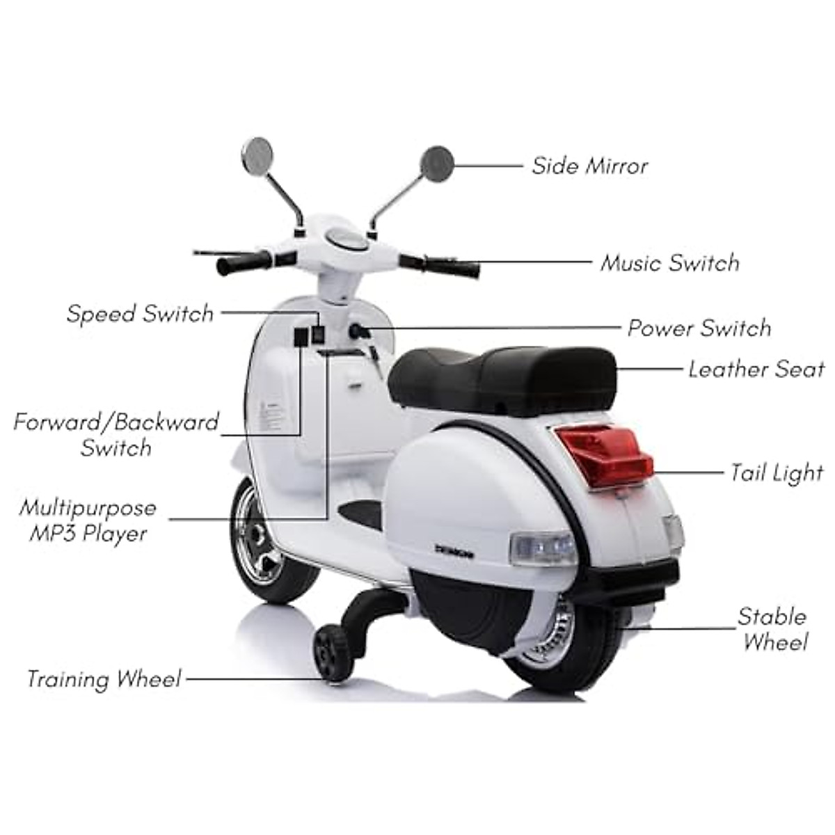 Best Ride On Cars Vespa Scooter, 12V Battery Powered Ride On Car - Electric Scooter for Kids with Leather Seat, Real Lights & Sounds, USB/AUX/SD Slot, Ages 2-5 Years Old, White, Large