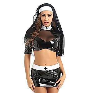 Jugaoge Women's Halloween Nun Role Play Fancy Dress Costume Latex Leather Sexy Lingeries Outfits Black Large