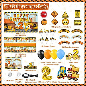 Mpanwen Construction Birthday Party Supplies for 2 Year Old Boy, 139 Pcs Dump Truck Party Decorations for Boys Baby - Backdrop, Balloons, Cupcakes Wrappers, Traffic Signs, Tablecloth, Crown and Poster