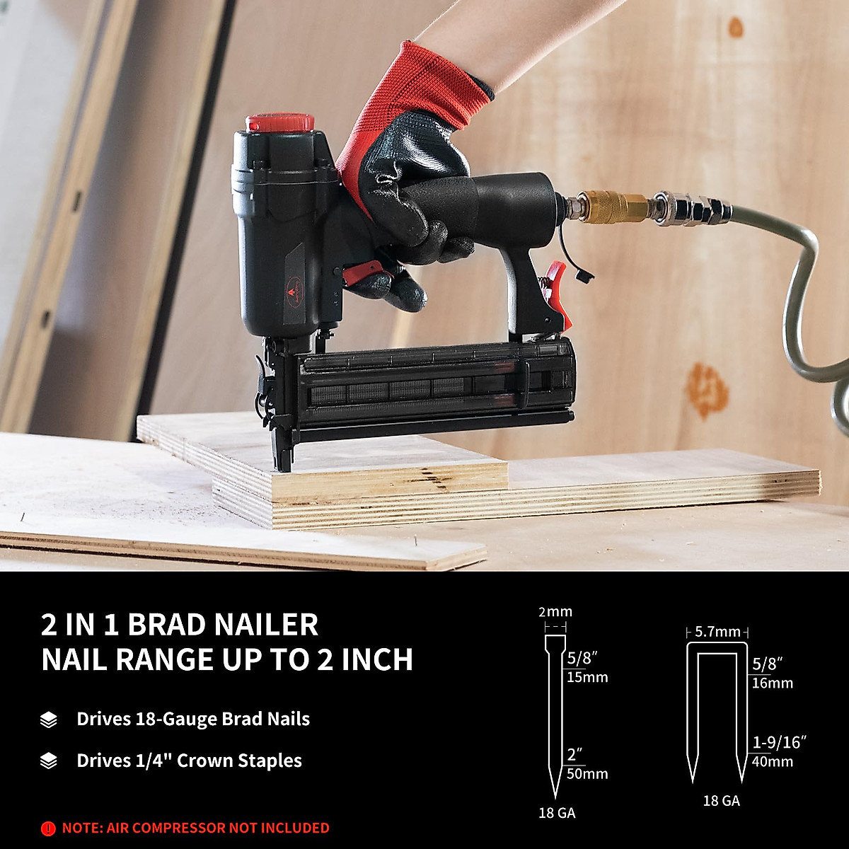 AEROPRO Tools Pneumatic Brad Nailer, 18 Gauge 2 in 1 Air Brad Nail Gun and Staple Gun with 1000pcs Nails for Upholstery, DIY Project, Woodworking