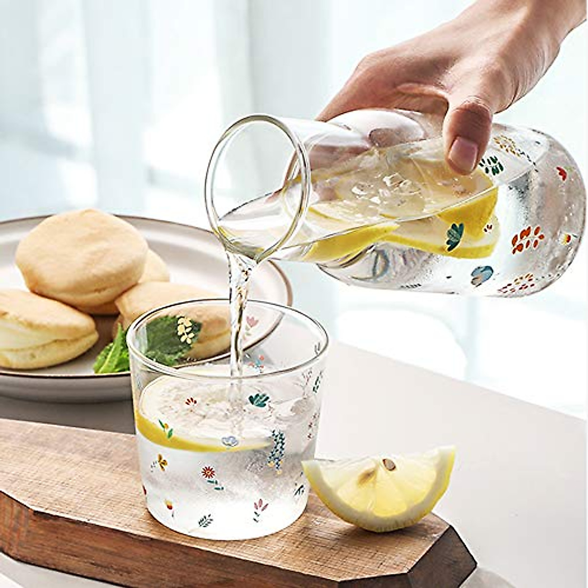 Sizikato 16 Oz Clear Glass Bedside Night Water Carafe with Tumbler Glass, Garden Flower and Bird Pattern.