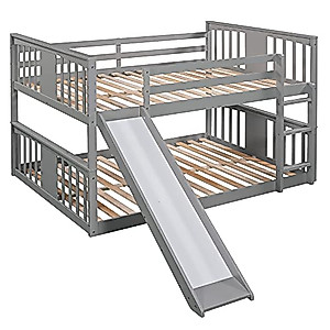 ERDAYE Full Over Full Bunk Bed with Slide and Ladder, Wood Bunkbed w/Safety Guardrails, Solid Slat Support Bedframe for Kids Teens, No Box Spring Needed, Grey